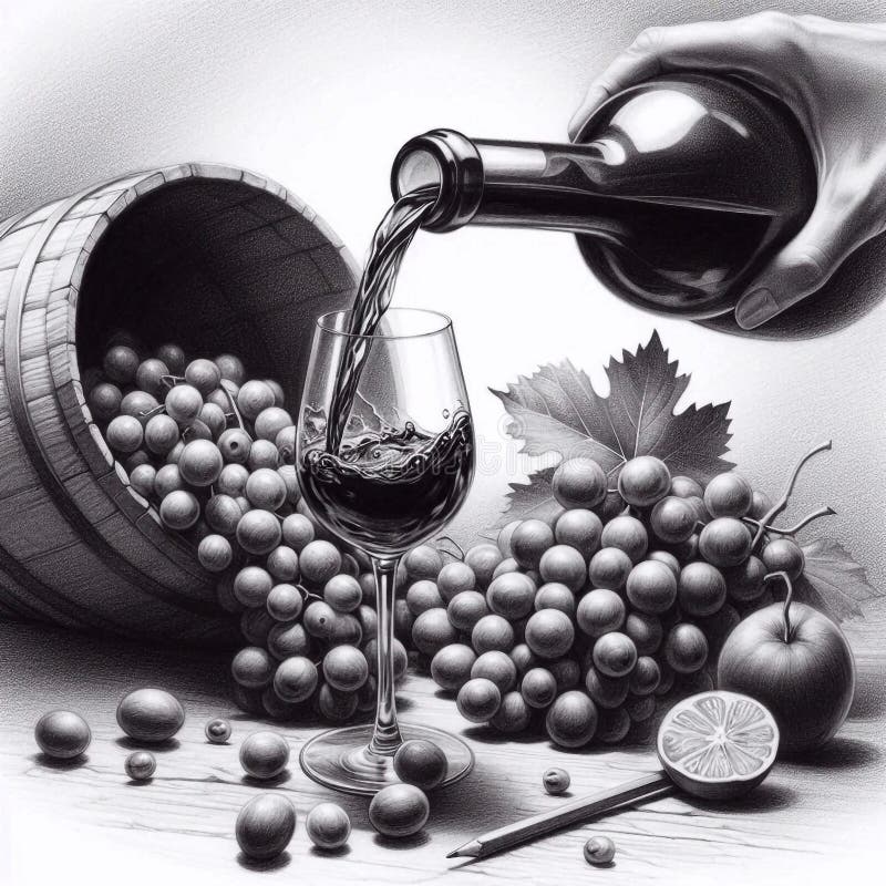 Pencil Drawing of Pouring Grape Wine. Generated AI Stock Illustration ...
