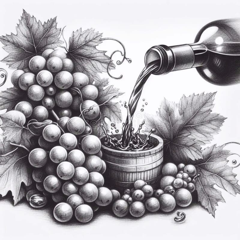 Pencil Drawing of Pouring Grape Wine. Generated AI Stock Illustration ...