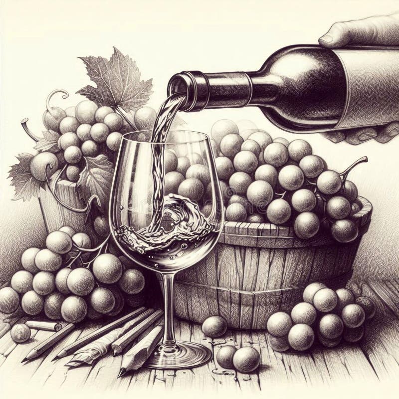 Pencil Drawing of Pouring Grape Wine. Generated AI Stock Illustration ...