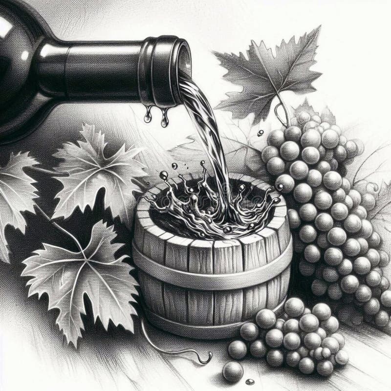 Pencil Drawing of Pouring Grape Wine. Generated AI Stock Illustration ...