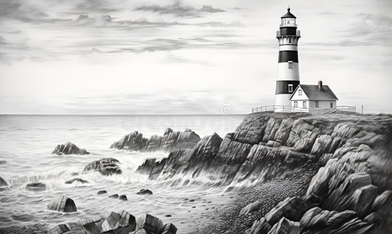 Pencil Drawing of Rocky Seashore and Lighthouse, Ai Generative Stock ...