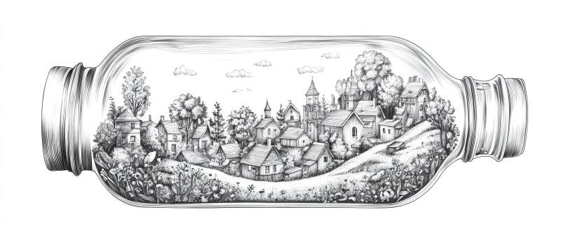 A Pencil Drawing of a Small Town Inside a Glass Jar with Clouds and ...