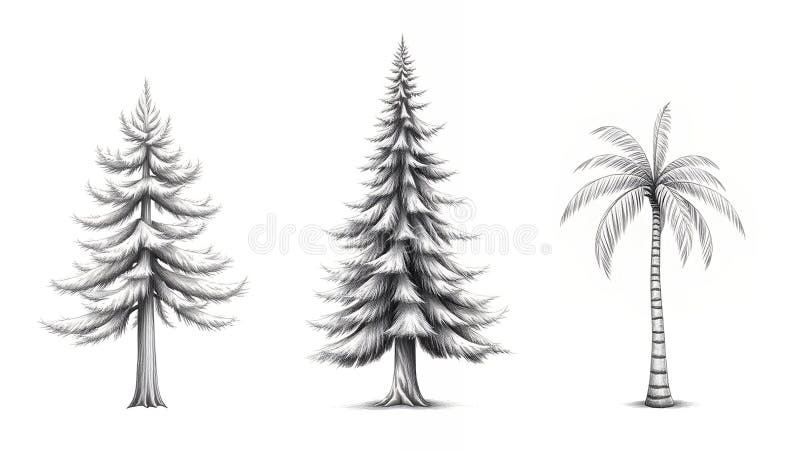 Pencil Drawing of Three Trees Two Evergreen Trees and One Palm Tree ...