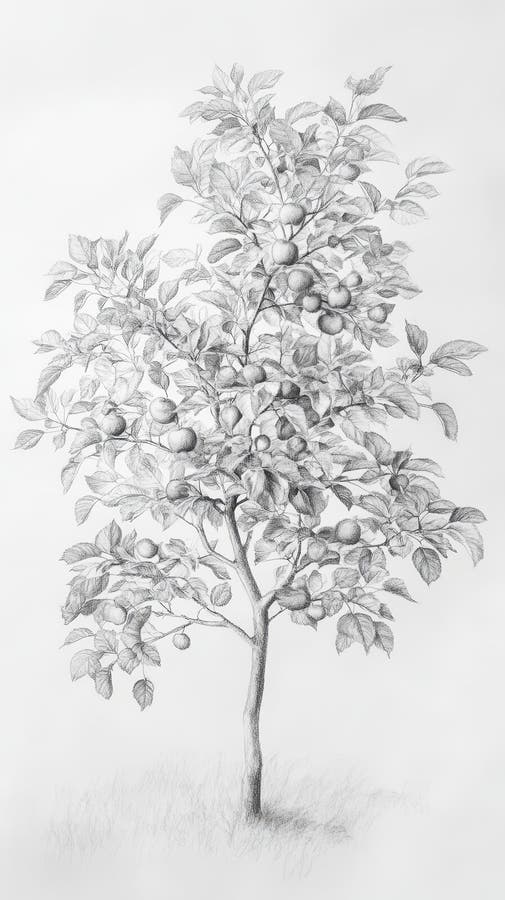 Pencil Drawing of a Tree with Fruit and Leaves Stock Illustration ...