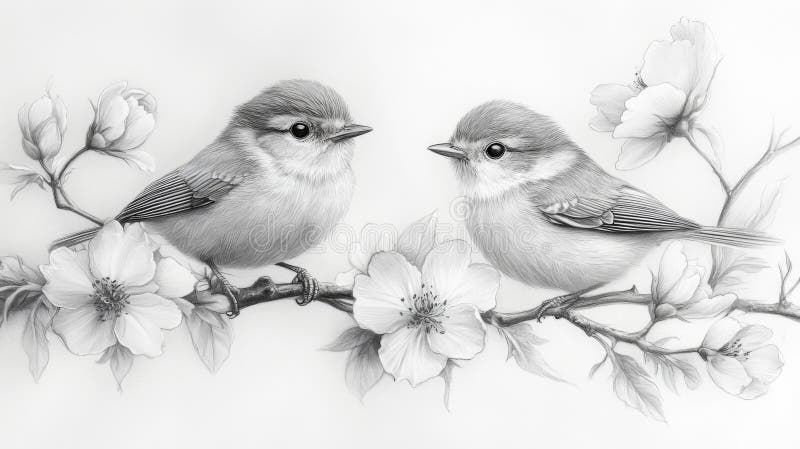 Pencil Drawing of Two Birds Sitting on a Flowering Branch in Springtime ...