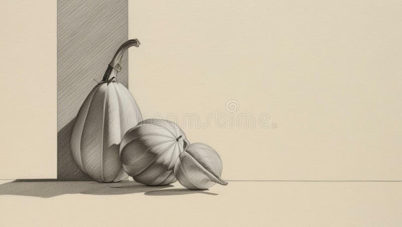 A Pencil Drawing of Two Pumpkins Leaning Against a Vertical Rectangular ...