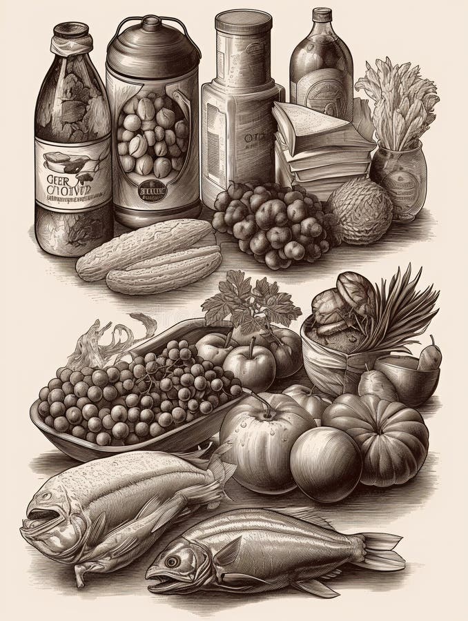 Pencil Drawing of Various Food Products. AI Generated Stock ...
