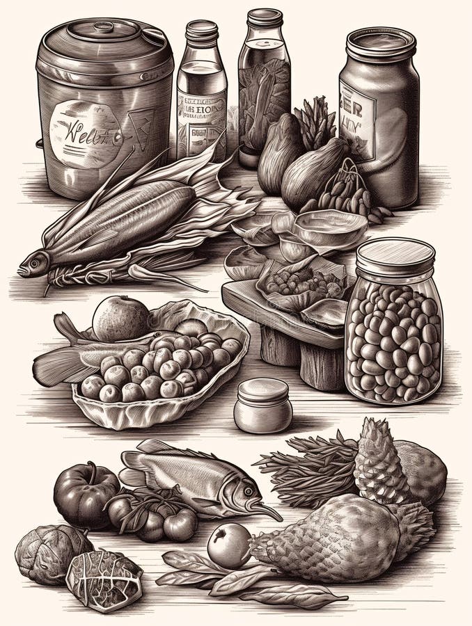 Pencil Drawing of Various Food Products. AI Generated Stock ...
