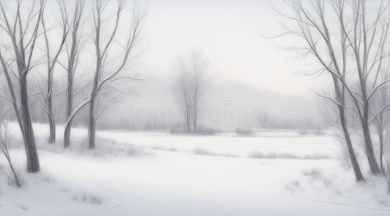 Pencil Drawing of a Winter Landscape with Trees in a Meadow Stock ...