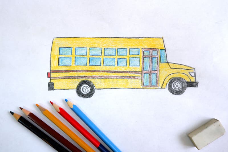 Pencil Drawing of a Yellow School Bus, Colored Pencils Stock Photo ...