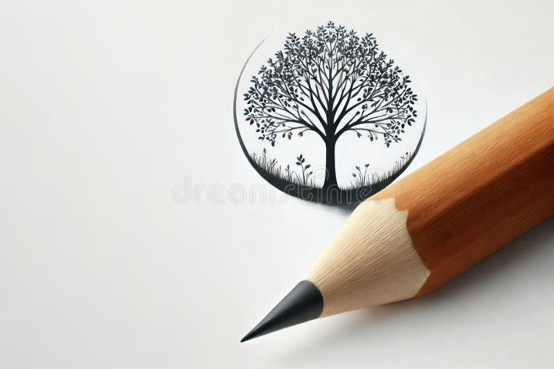 A Pencil Draws a Tree in a Circle. Space for Text. Stock Image - Image ...