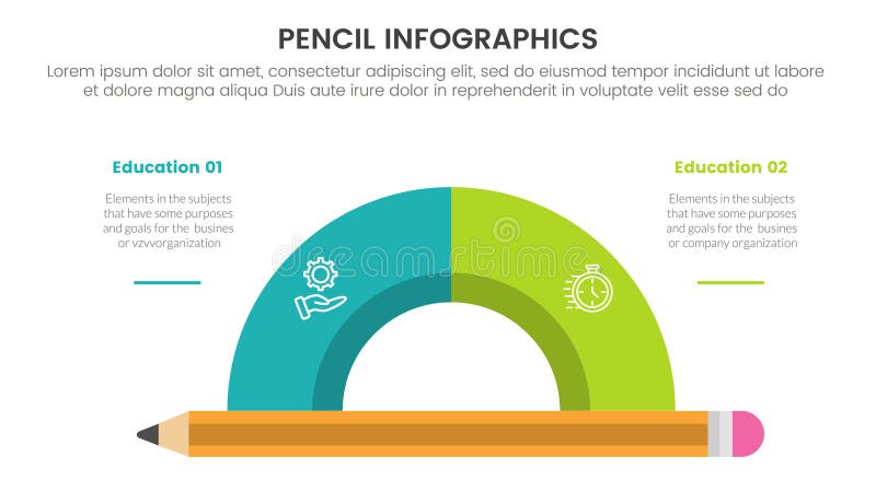 Pencil Education Infographic 2 Point Stage Template with Half Circle on ...