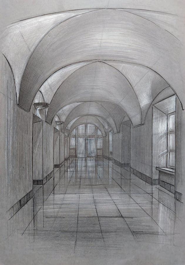 Pencil Hall Drawing. Old Architectural Arches. Historical Interior ...