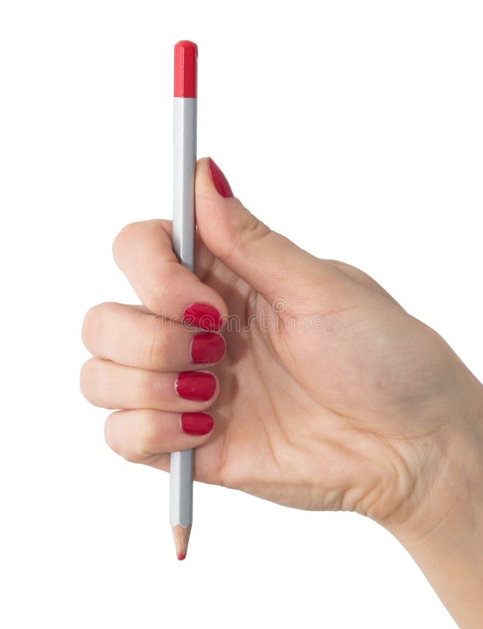 Pencil in Hand with Red Nail Polish on a White Background Stock Photo ...