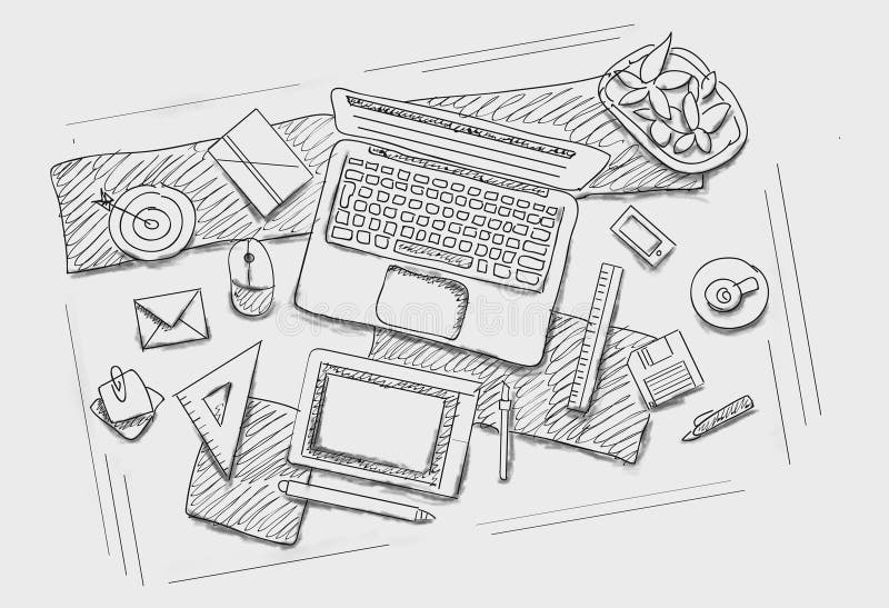 Drawn Image of Work Table with Objects Stock Illustration ...