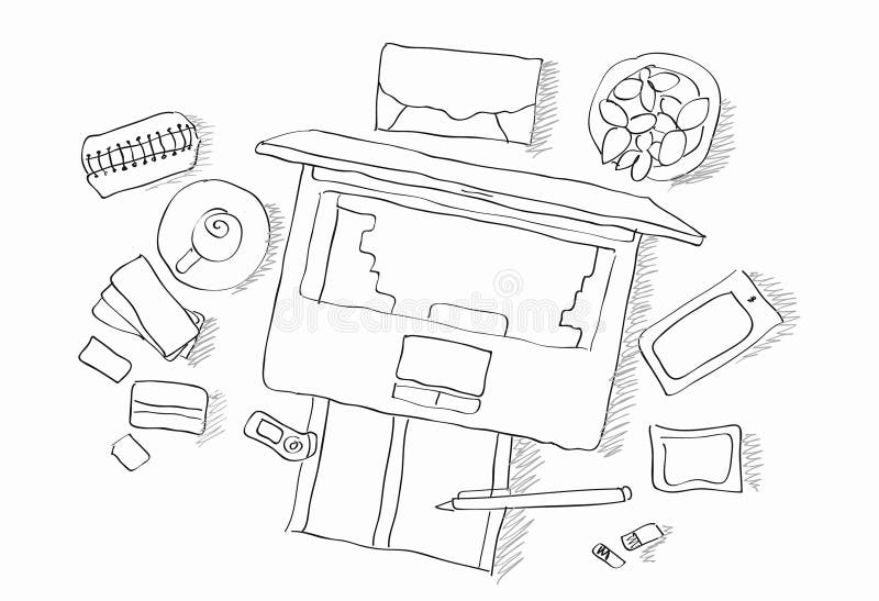 Drawn Image of Work Table with Objects Stock Illustration ...