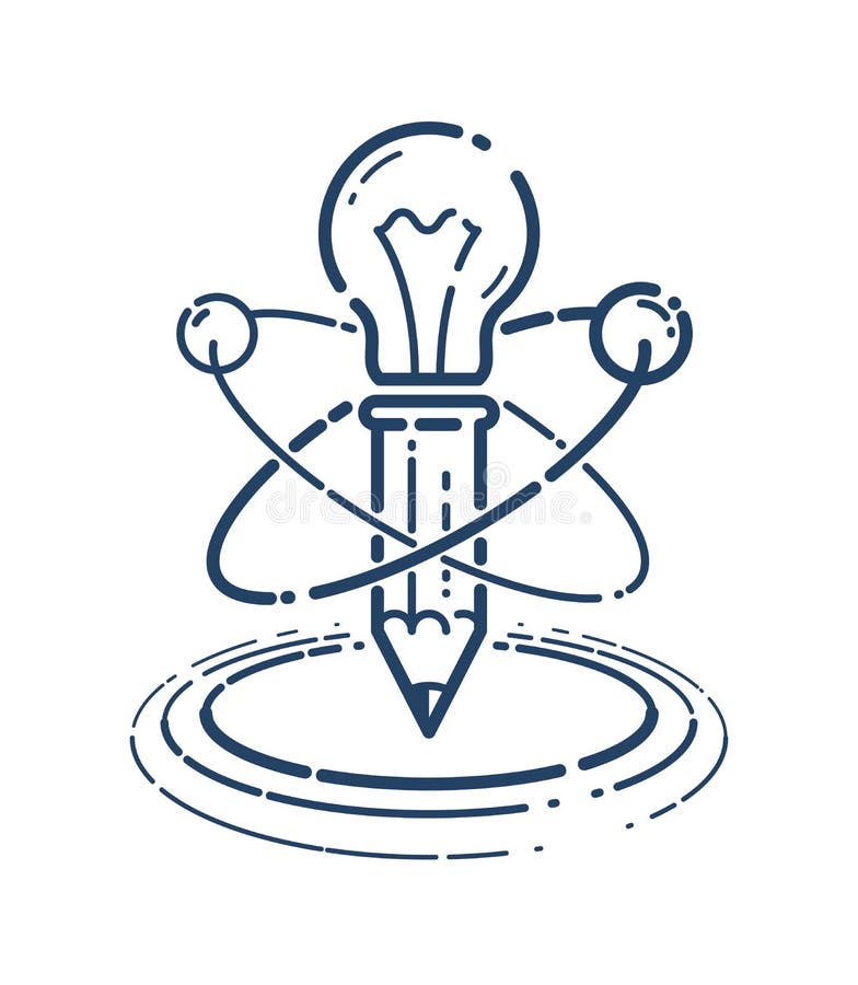 Pencil with Light Bulb and Atom Vector Simple Linear Icon, Education ...