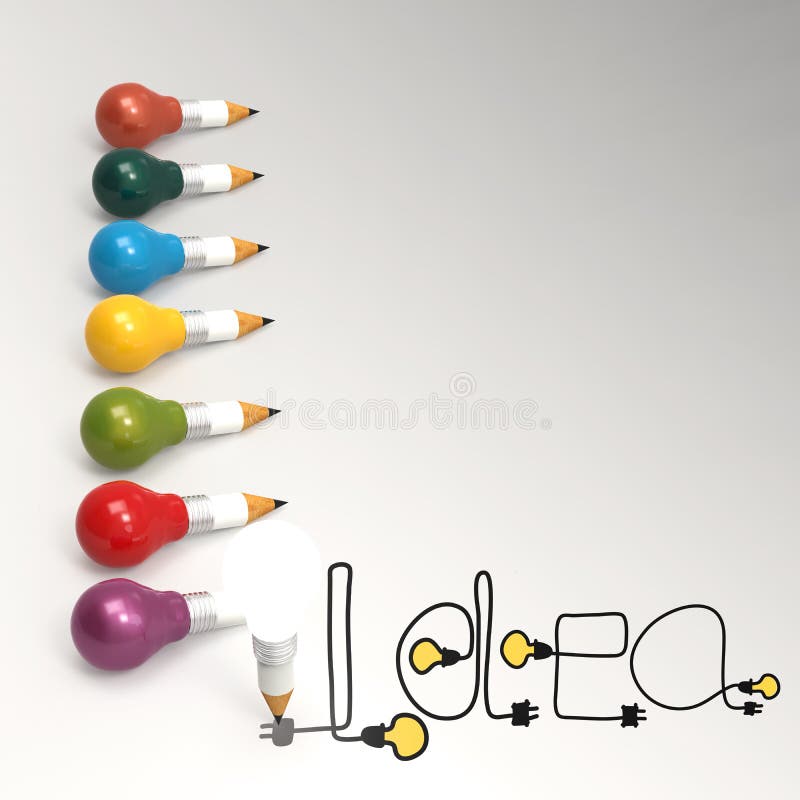 Pencil Lightbulb 3d and Design Word Idea Stock Illustration ...