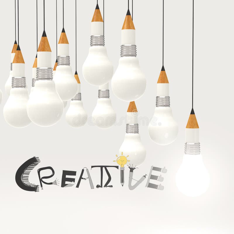Pencil Lightbulb 3d and Design Word CREATIVE Stock Illustration ...