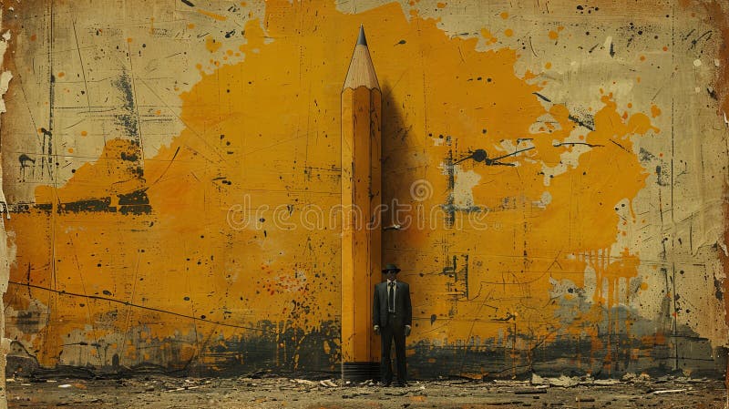 Pencil with a Man Standing in Front of an Old Wall Stock Illustration ...