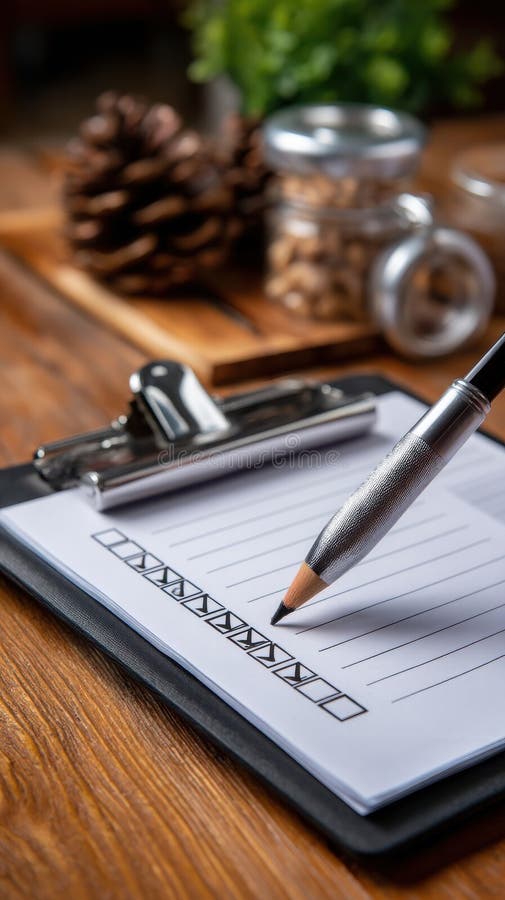 Pencil Marking Checklist Boxes on Clipboard on Wooden Surface with Pine ...