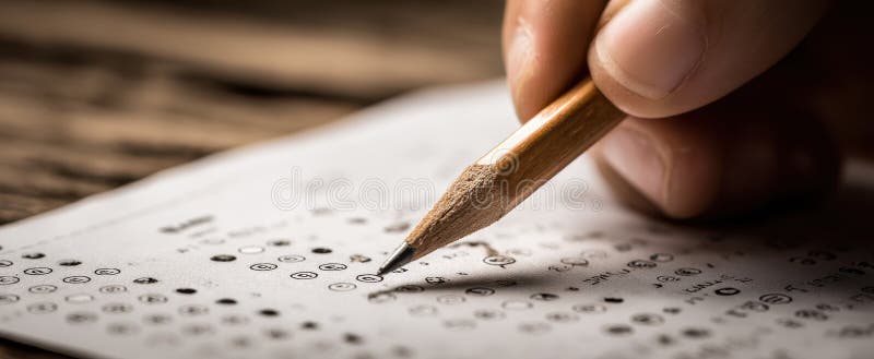 The Pencil Marks Answers on an Exam Sheet during an Educational ...