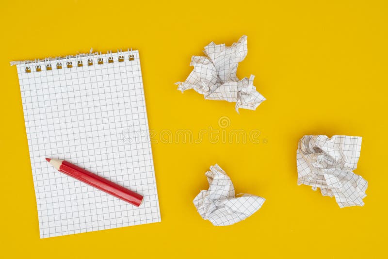 Pencil, Notebook and Crumpled Sheets of Paper Stock Photo - Image of ...