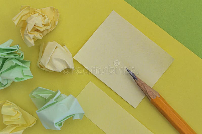 Pencil Notes Stickers and Crumpled Paper on a Yellow Backgroun Stock ...