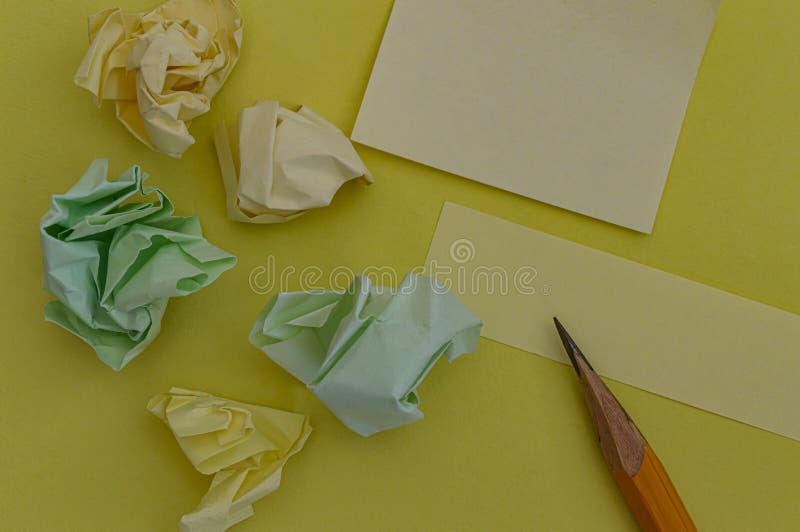 Pencil Notes Stickers and Crumpled Paper on a Yellow Backgroun Copy ...