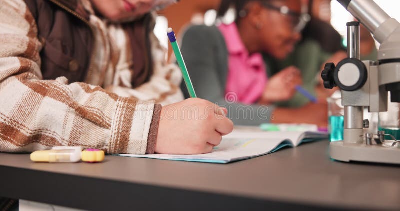 Pencil, Notes and Student for Science Experiment, Writing and Classroom ...