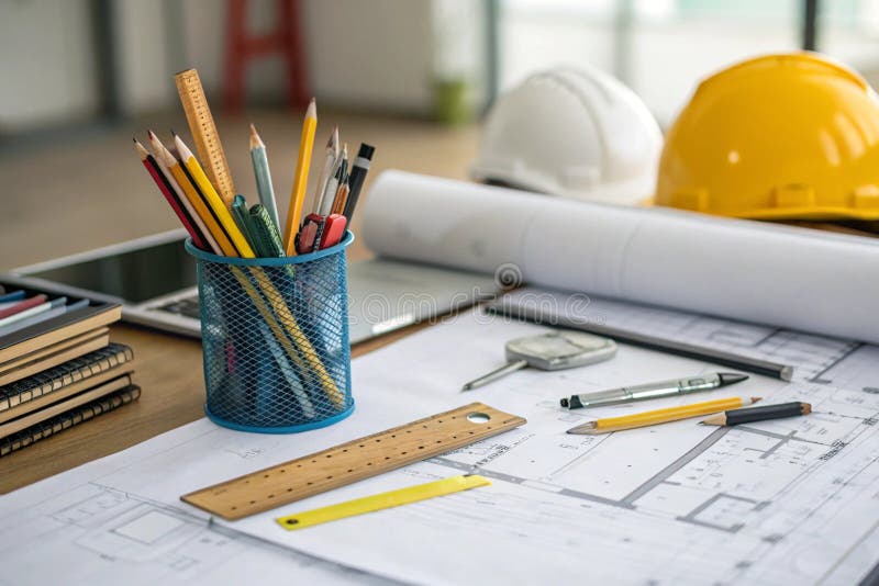Pencil and Office Tools on Construction Blueprint Stock Illustration ...