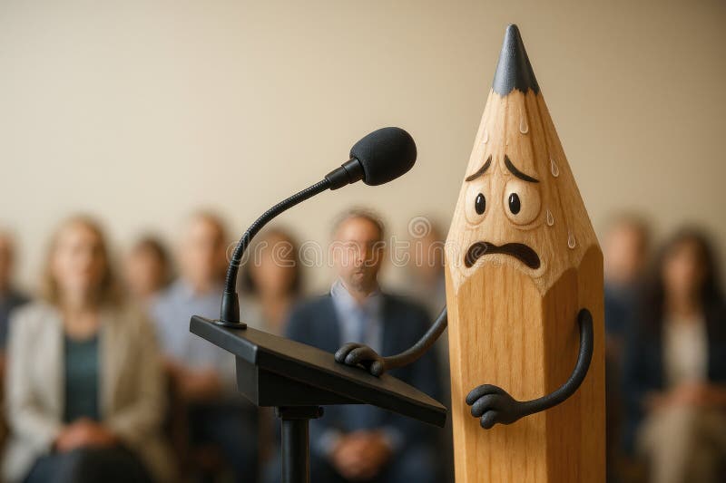 Pencil in a Panic on Stage at the Microphone in Front of the Audience ...