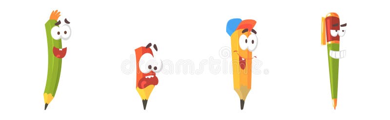 Pencil and Pen Character with Comic Face Vector Set Stock Vector ...