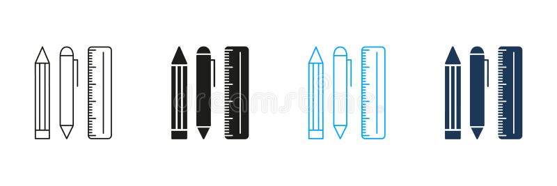 Pencil, Pen, and Ruler Line and Solid Icon Set. Stationery Tools for ...
