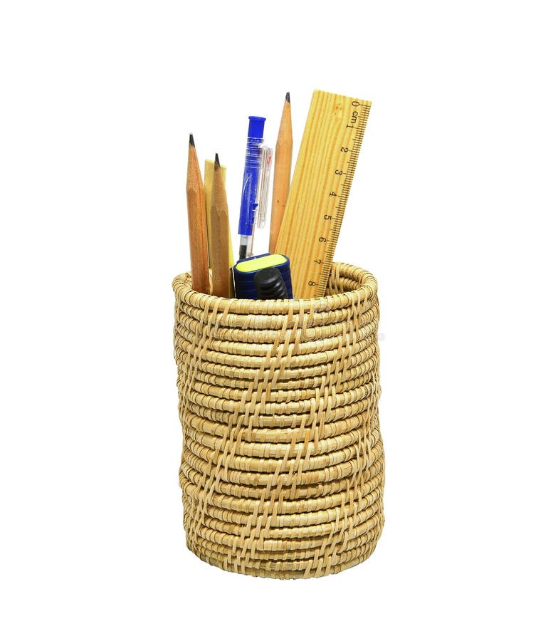 Pencil, Pen in Wooden Basket Isolated on White Background Stock Image ...