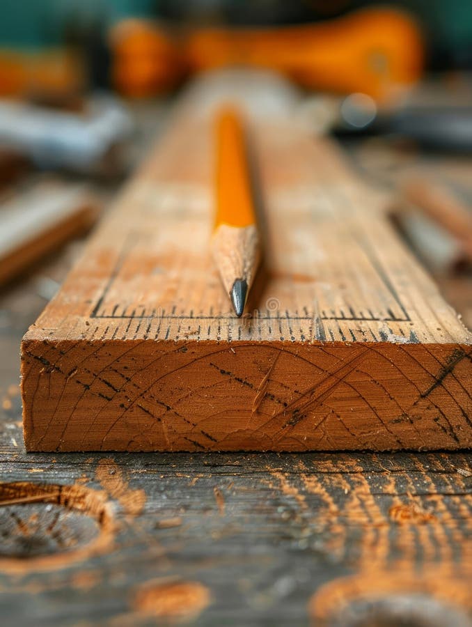 A Pencil Placed on a Wooden Ruler on a Workbench. Stock Image - Image ...