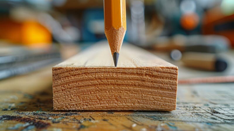 Pencil Pointing on a Piece of Wood in a Workshop Stock Image - Image of ...