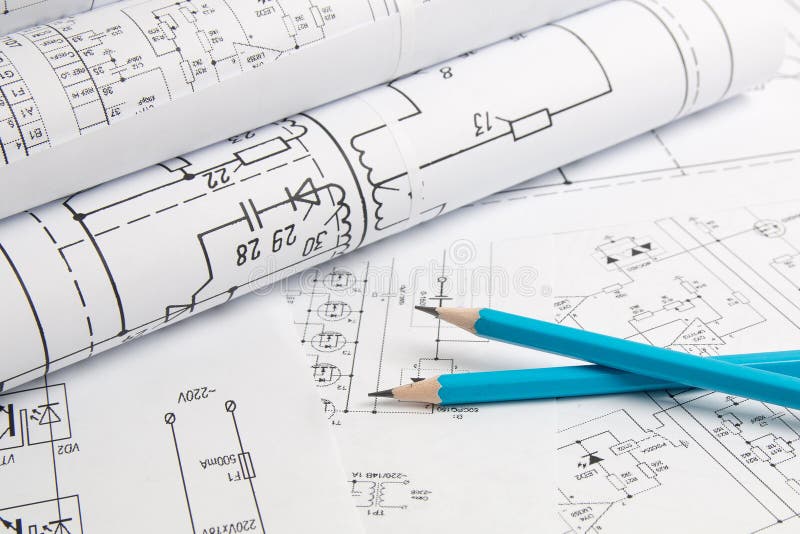 Pencil on Printed Drawings of Electrical Circuits Stock Photo - Image ...