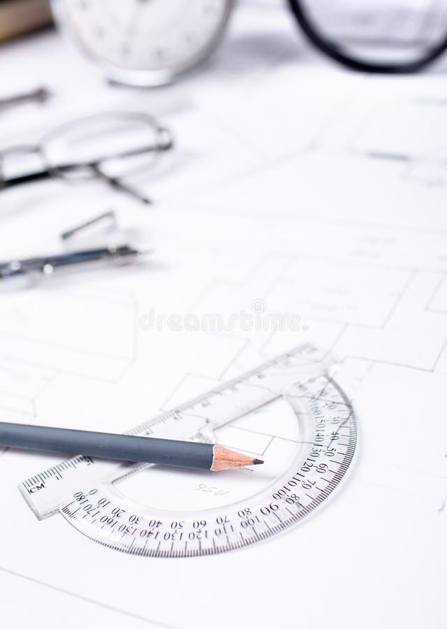Pencil with a Protractor Against the Background of the Engineer S Desk ...