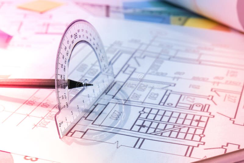 A Pencil with a Protractor. Architectural Project Drawings with Tools ...