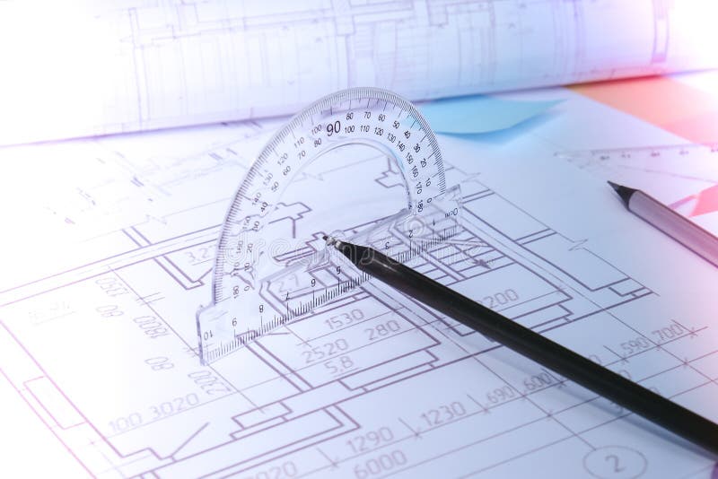 A Pencil with a Protractor. Architectural Project Drawings with Tools ...