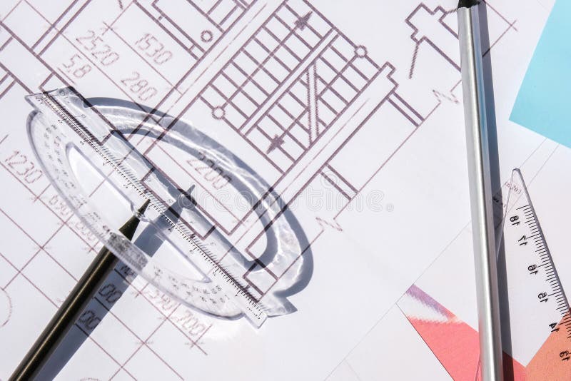 A Pencil with a Protractor. Architectural Project Drawings with Tools ...