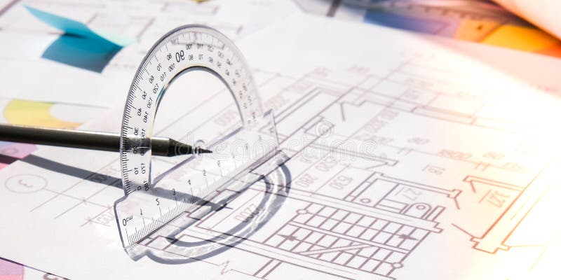 A Pencil with a Protractor. Architectural Project Drawings with Tools ...