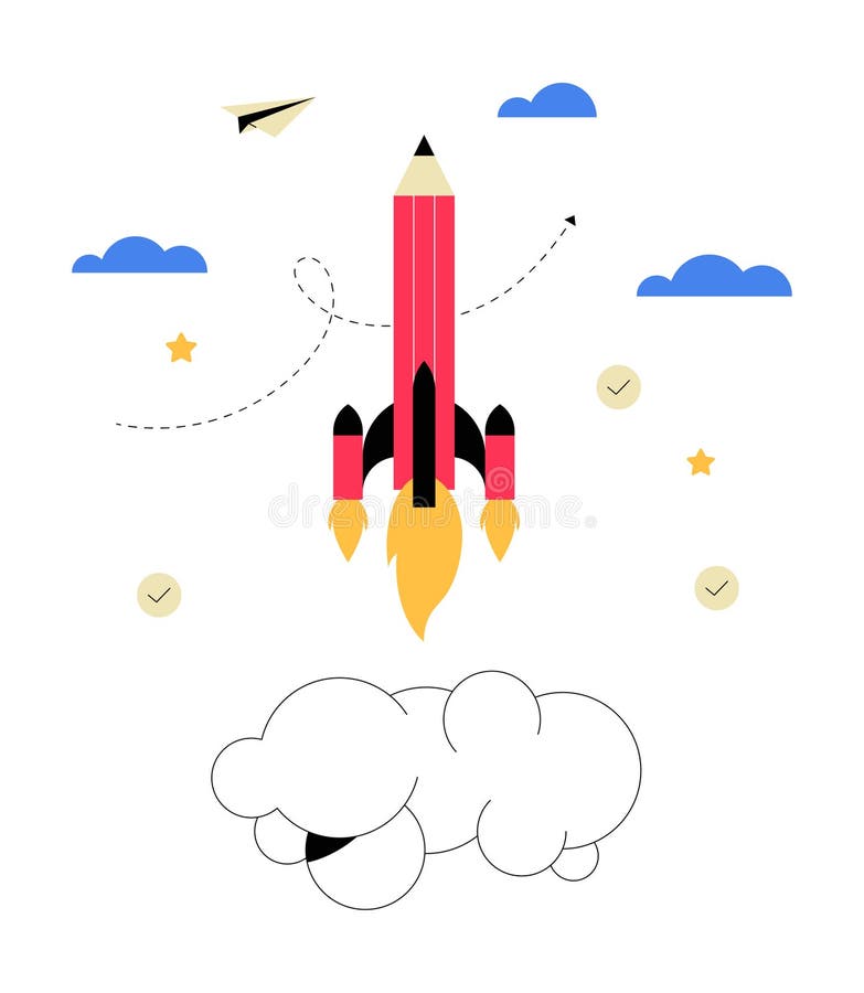 Pencil Rocket Launching in Flat Vector Illustration Symbolizing ...