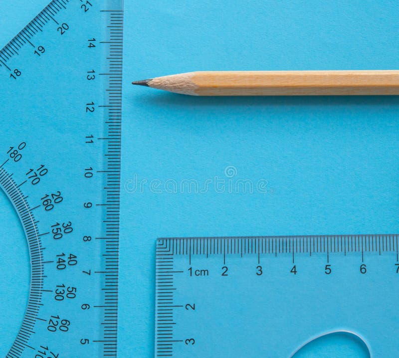 Pencil, Ruler, on Blue Paper, for Drawing Stock Photo - Image of space ...