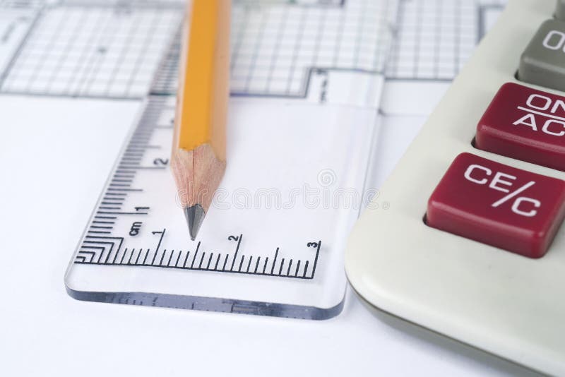 Pencil, Ruler and Calculator Stock Image - Image of measure, building ...