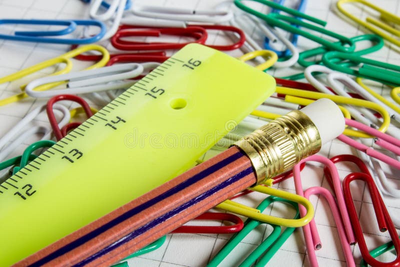 Pencil and Ruler with Colored Paper Clips Stock Photo - Image of clips ...