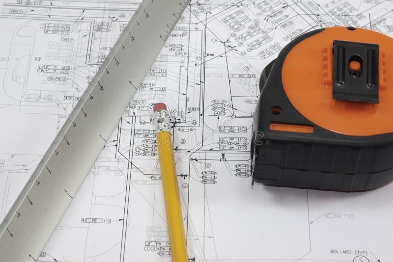 Pencil, Scale, and Tape Measure on Plans Stock Photo - Image of size ...