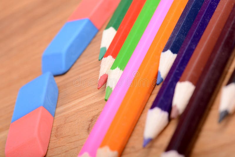 Pencil Set on Wooden Plate with Eraser Stock Image - Image of design ...