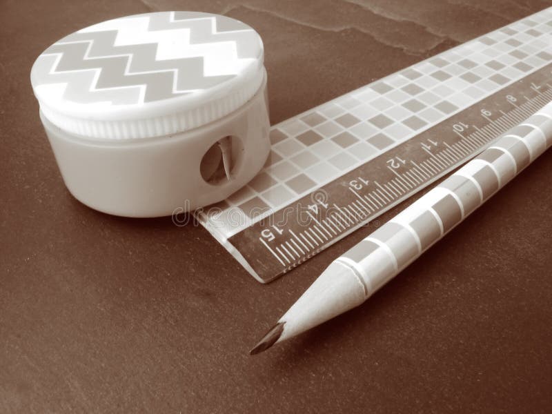 Pencil, Sharpener and Ruler Stock Photo - Image of tool, white: 6851494